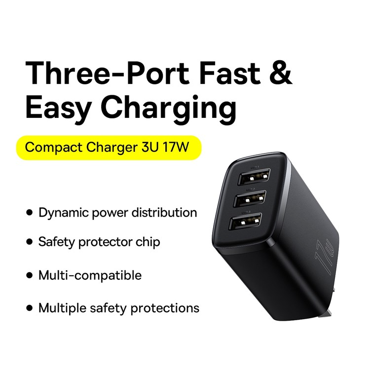 Baseus 17W Compact 3 Port USB Mobile Charger - Baseus Pakistan