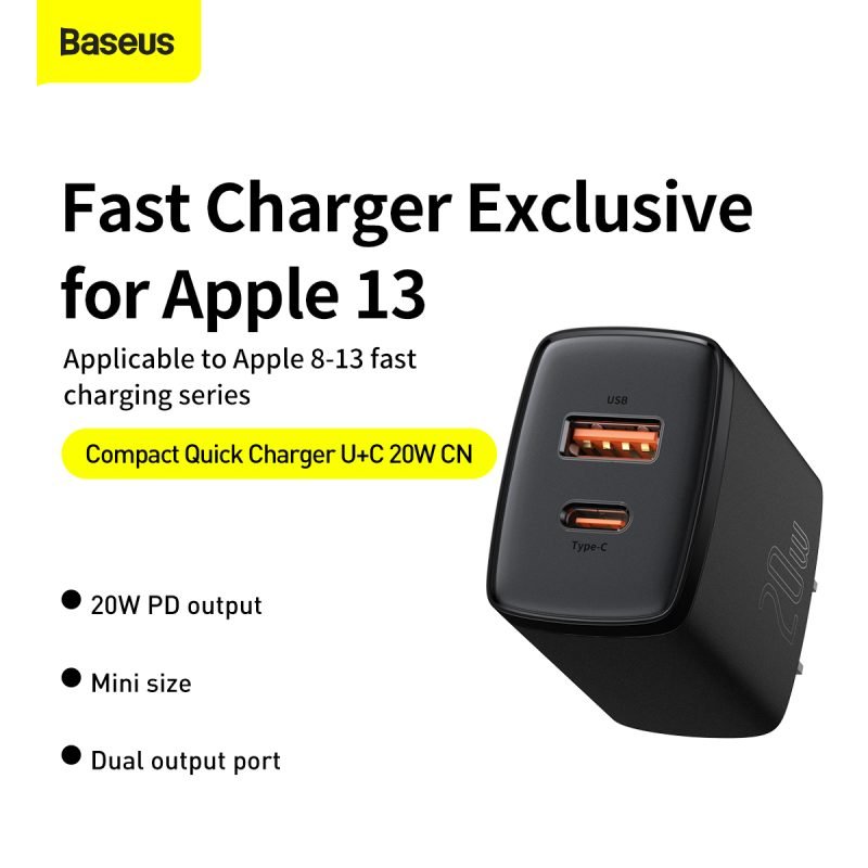 Baseus Compact Super U+C Dual Ports 20W Power Adapter - Baseus Pakistan